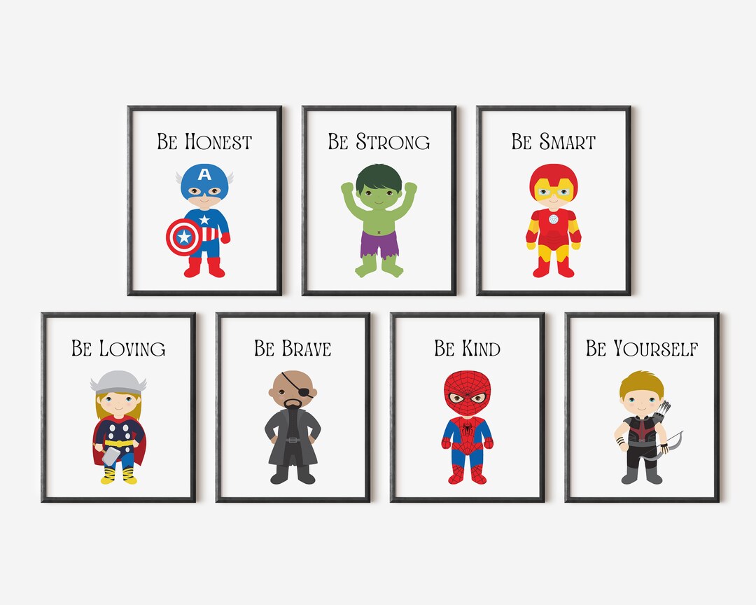Set of 7 Superhero Prints, Affirmations for Kids, Kids Room Superheroes ...