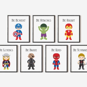 Set of 7 Superhero Prints, Affirmations for Kids, Kids Room Superheroes ...