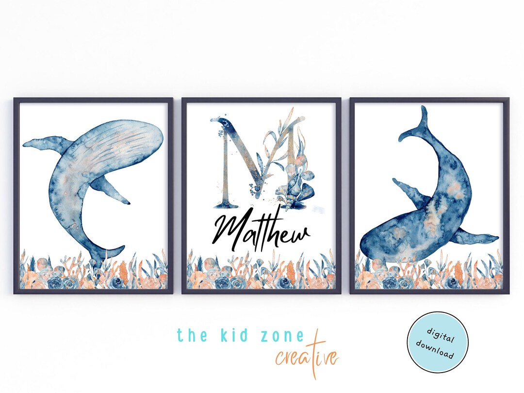Aquarell unter dem Meer personalisierte Namen Poster, 3er Set, Wal ...