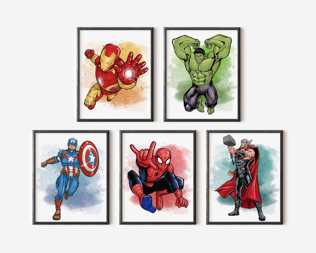 Superheroes Digital Posters, Set of 5 Prints, Boy Bedroom Decor, Kids ...