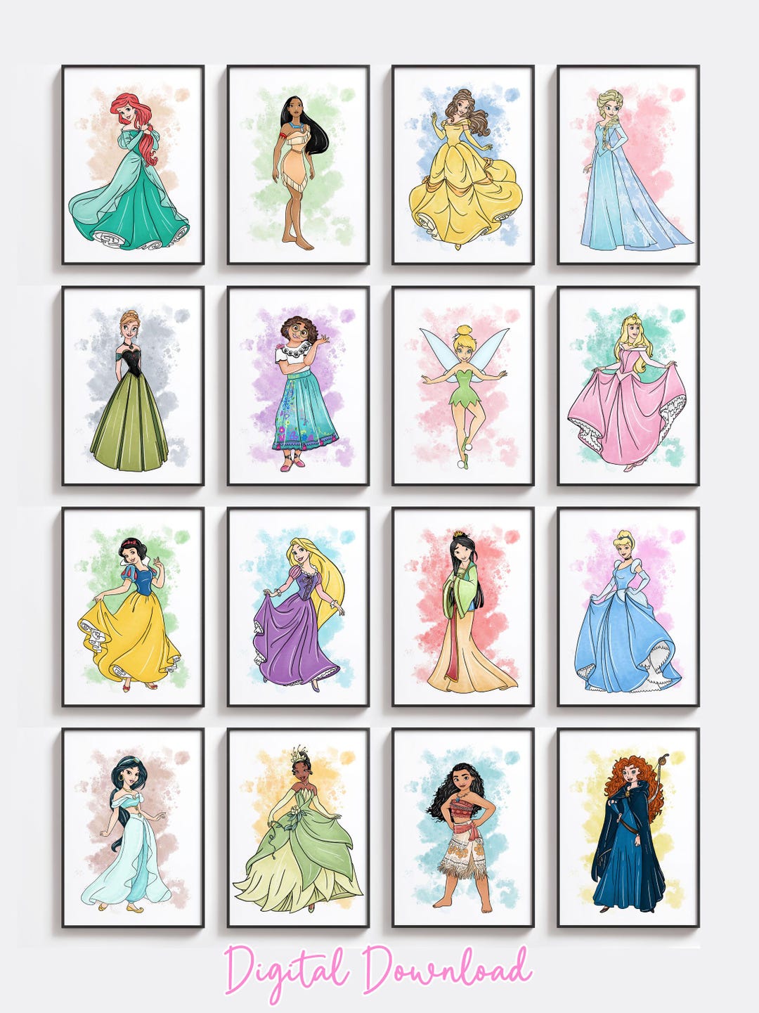 Digital Princess Wall Art – Set of 16 Printable Nursery Prints, Fairy ...