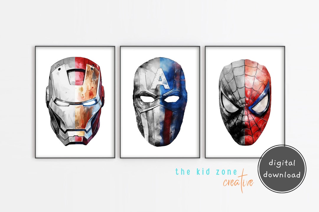 Digital Superhero Faces Half in Color Half Black and White, Set of 3 ...