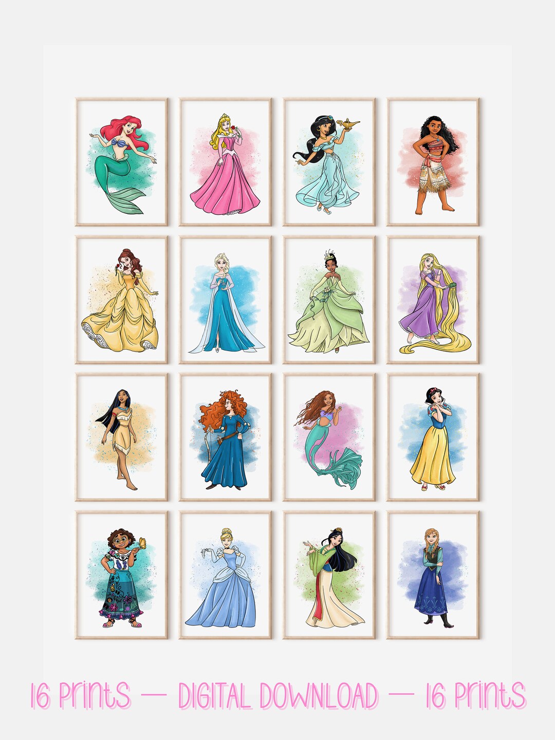 Digital Princess Wall Art – Set of 16 Prints With Watercolor Splash ...