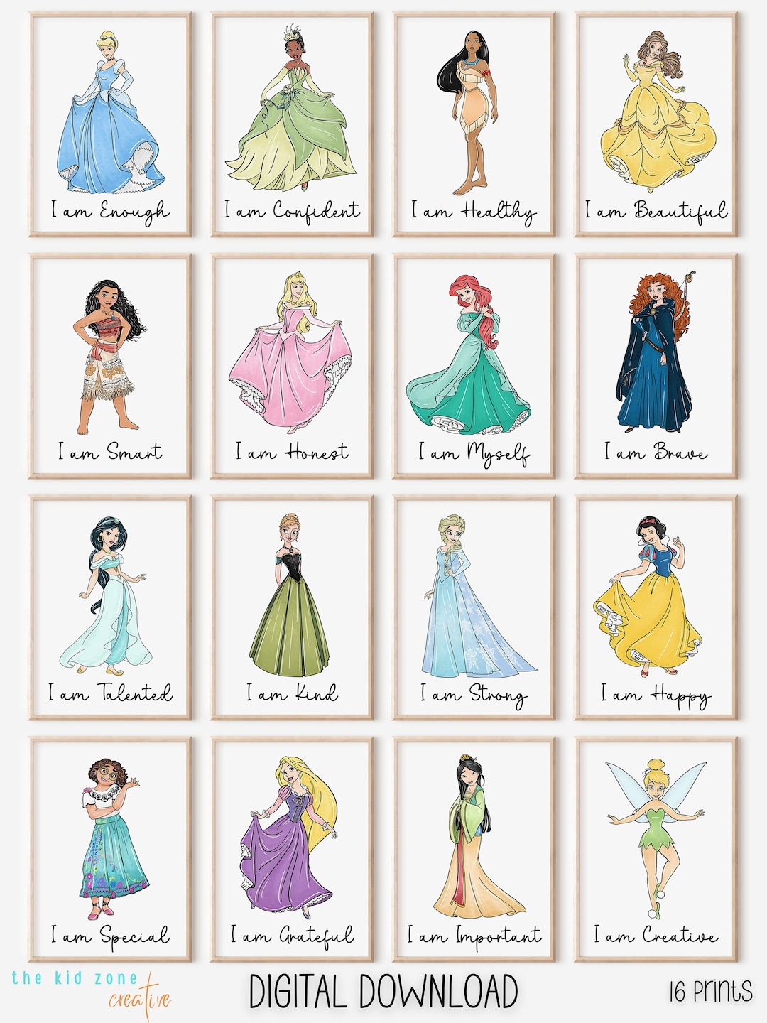 16 Digital Princess Wall Art With Positive Affirmations, Set of Gallery ...