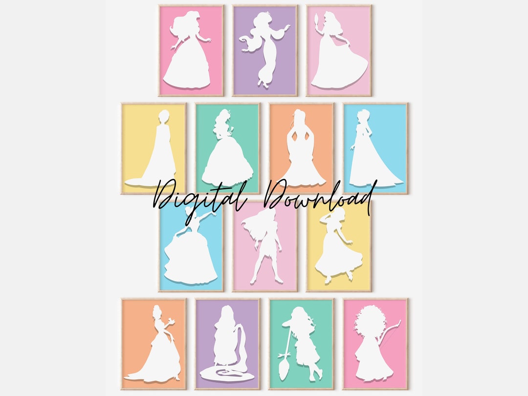 Princess Silhouette Wall Art Prints: Girls Nursery, Set of 14 (digital ...