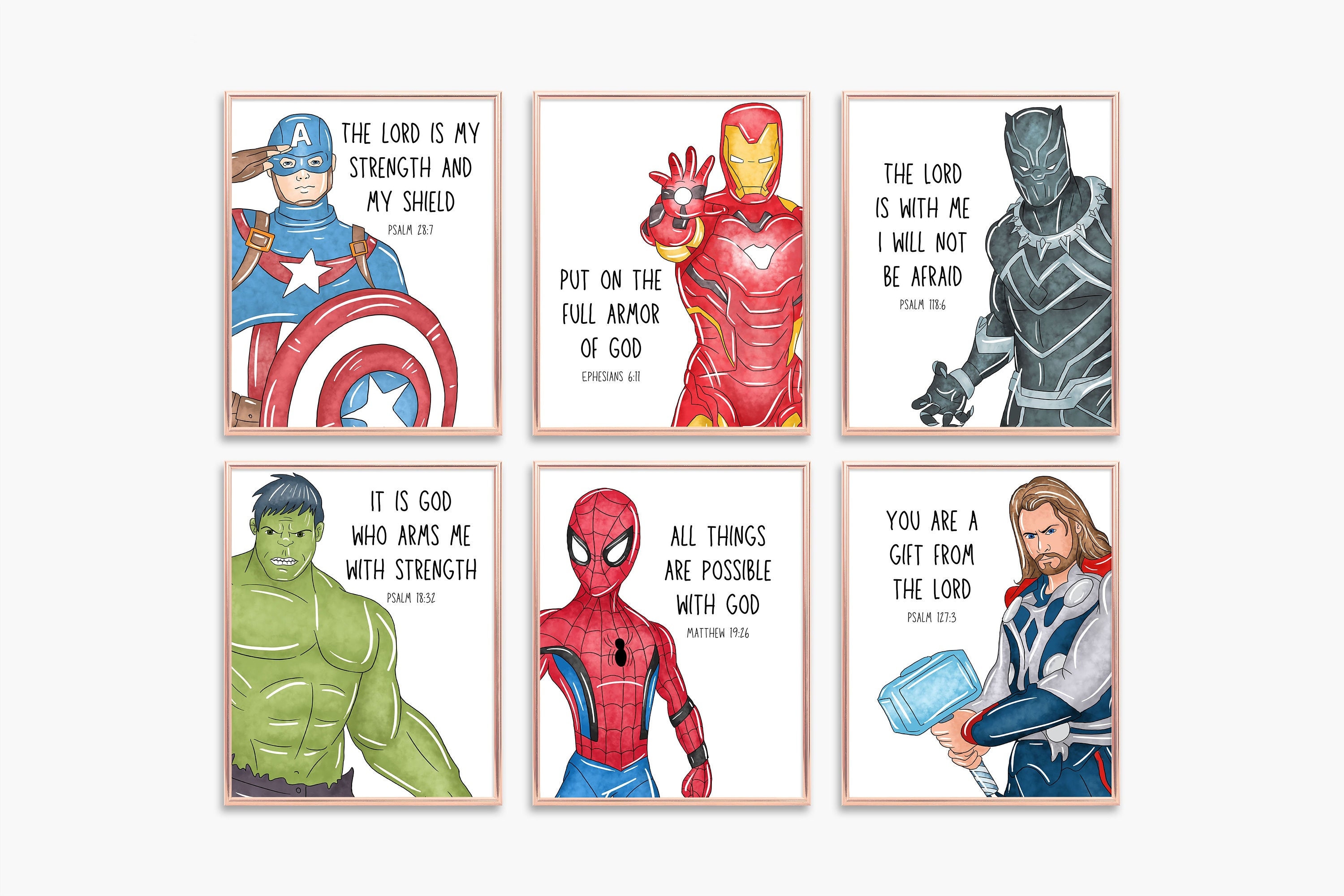 Superhero Bible Verse Prints – Set of 6, Boys Room Scripture (digital ...