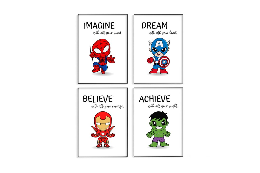Set of 4 Superhero Wall Art, Positive Kids Affirmations, Playroom Decor ...