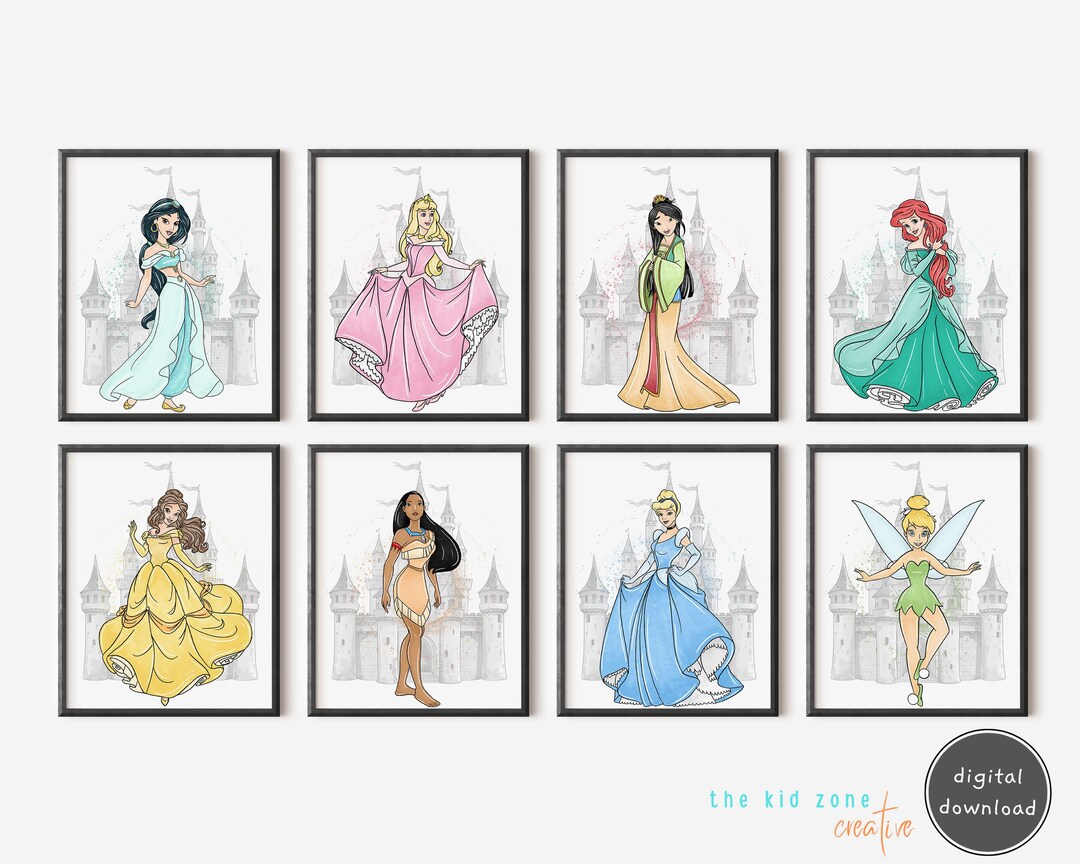 Set of 8 Digital Princess Prints set 1, Fairy Tale Castle, Girl Room ...