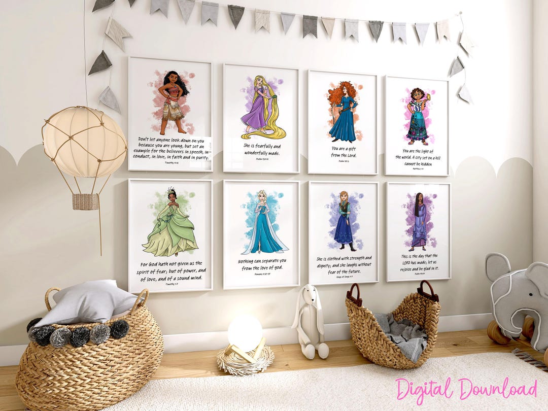 Princess Bible Verse Wall Art: Set of 8 Scripture Prints (digital ...