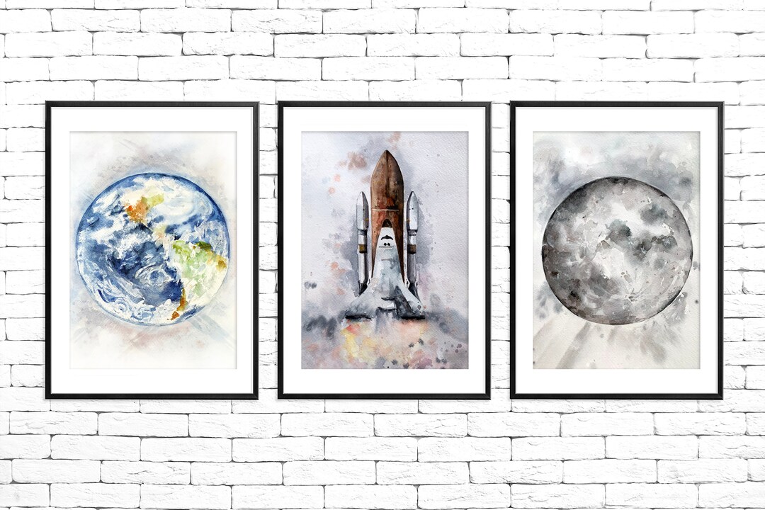 Watercolor Space Theme Decor, Set of 3 Prints, Watercolor Moon Art ...