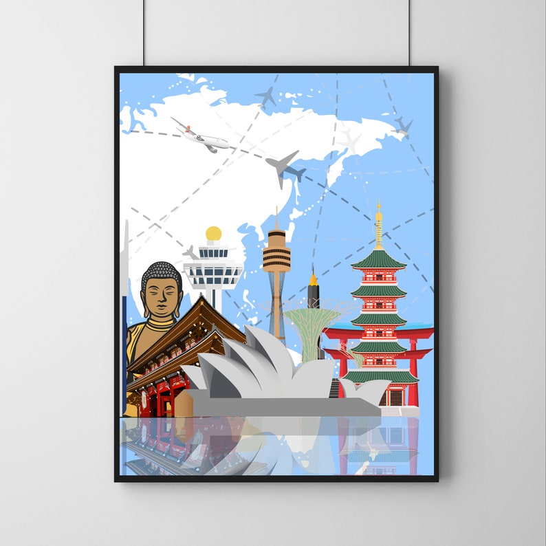 World Map Set Landmarks Printable Travel Art Home Decor Digital Print ...