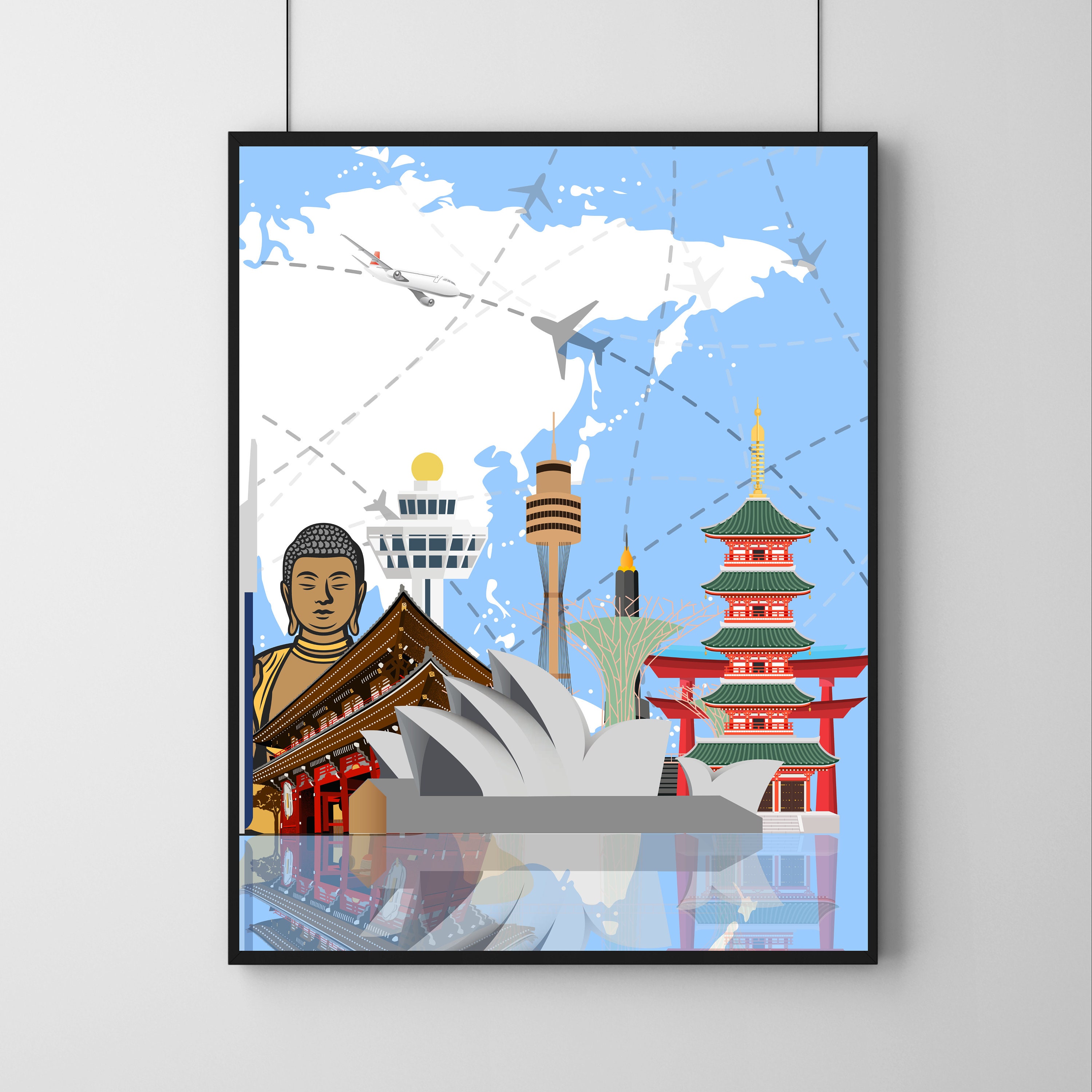 World Map Set Landmarks Printable Travel Art Home Decor Digital Print ...