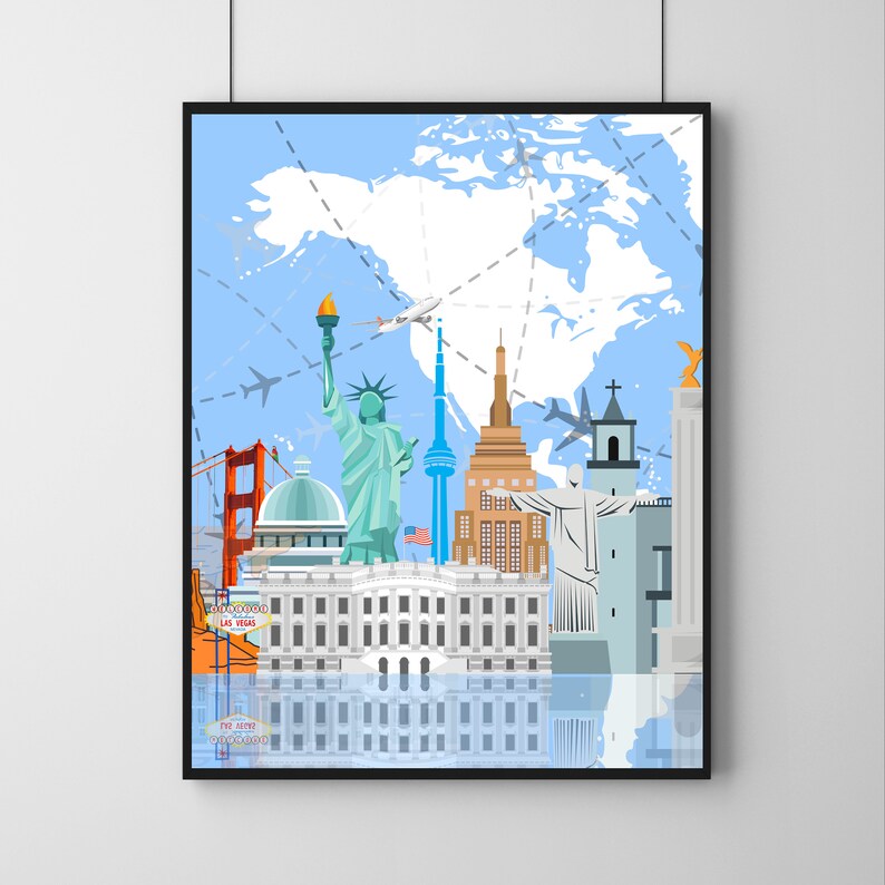 World Map Set Landmarks Printable Travel Art Home Decor Digital Print ...