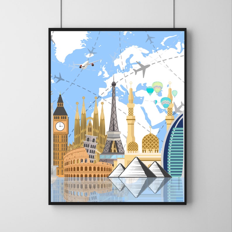 World Map Set Landmarks Printable Travel Art Home Decor Digital Print ...