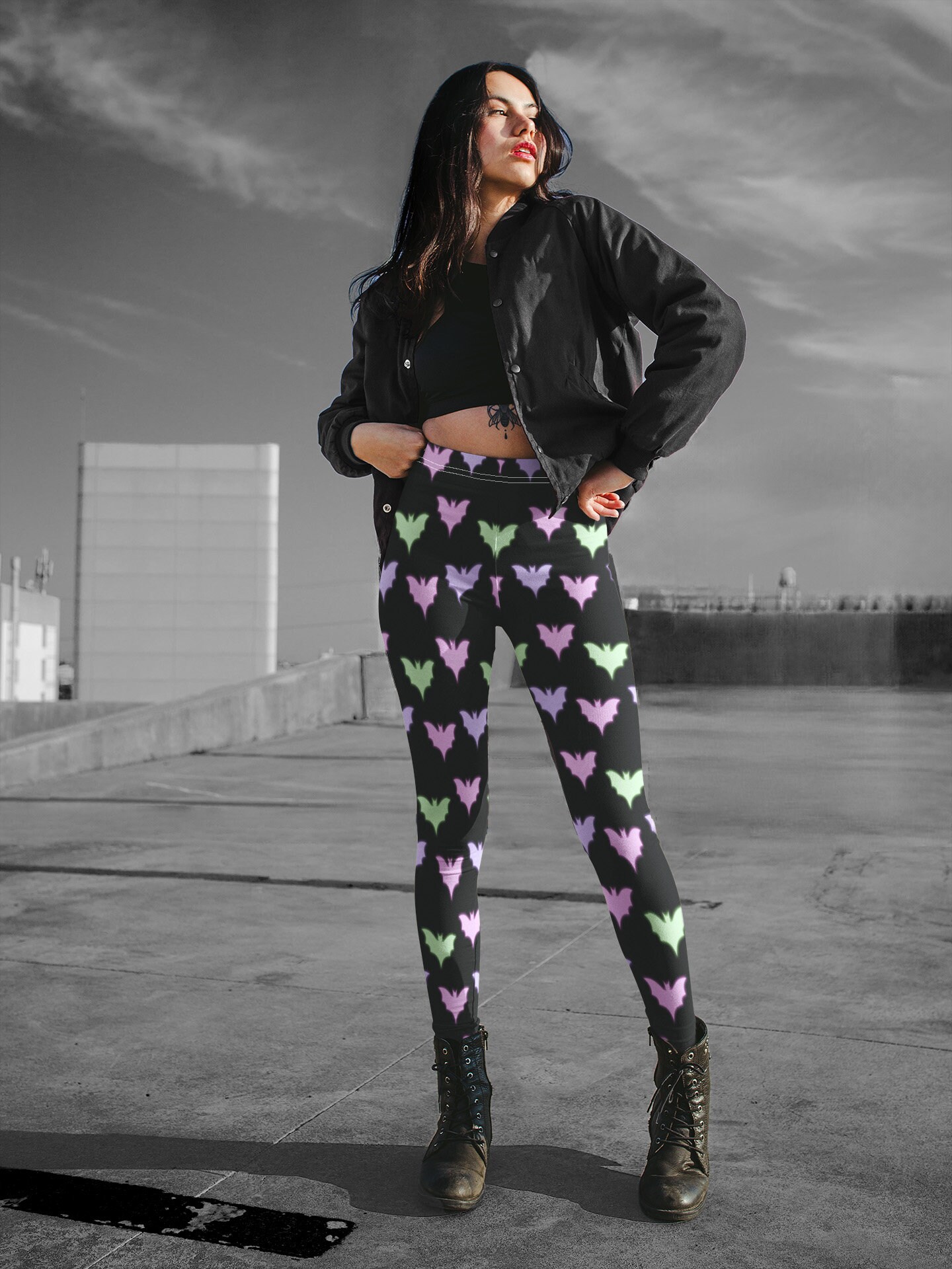 Pastel Kawaii Gothic Neon Bats High Waisted Leggings Goth Festival ...