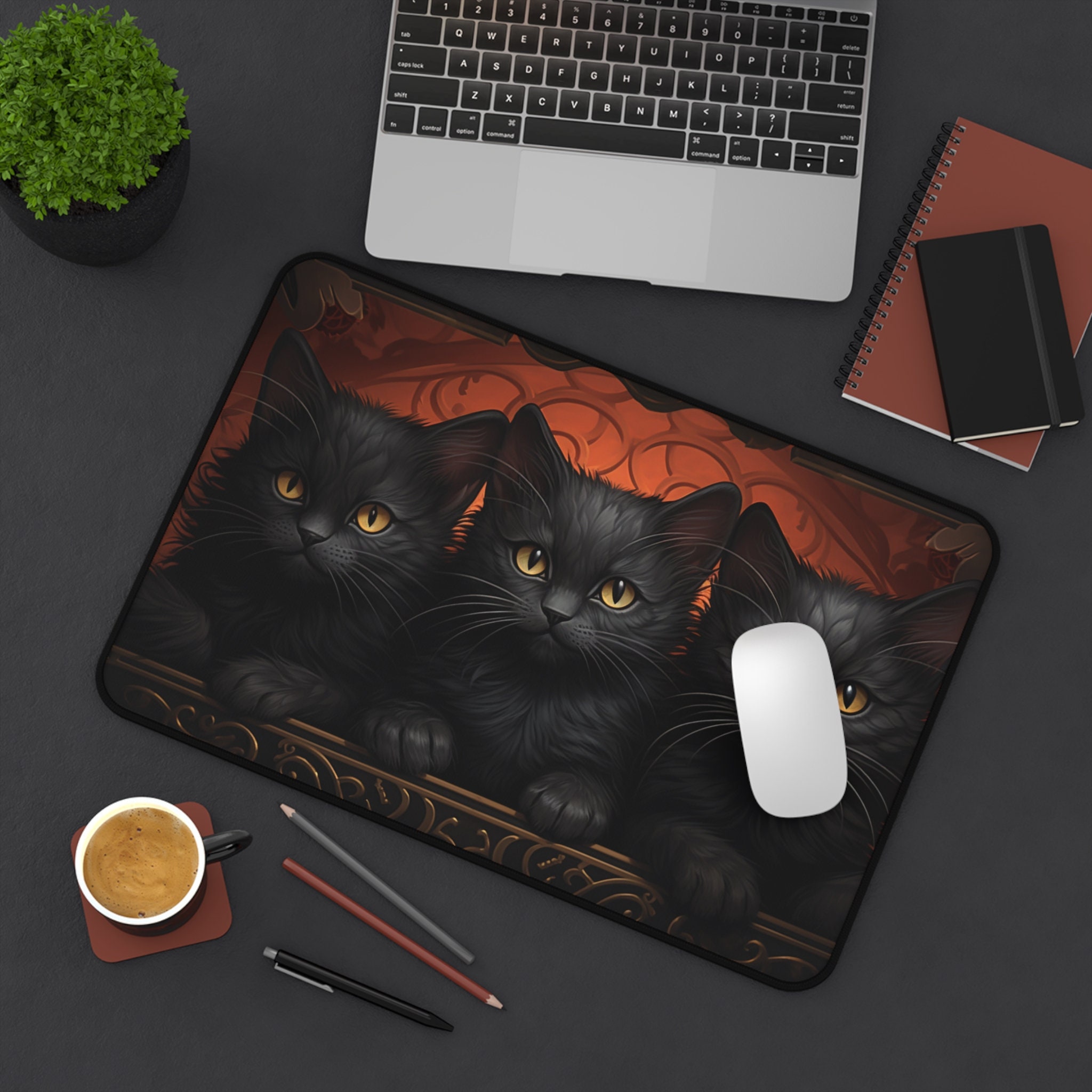 Black Cat Desk Mat, Black Kittens Desk Mat, Feline Theme Gift, Office ...
