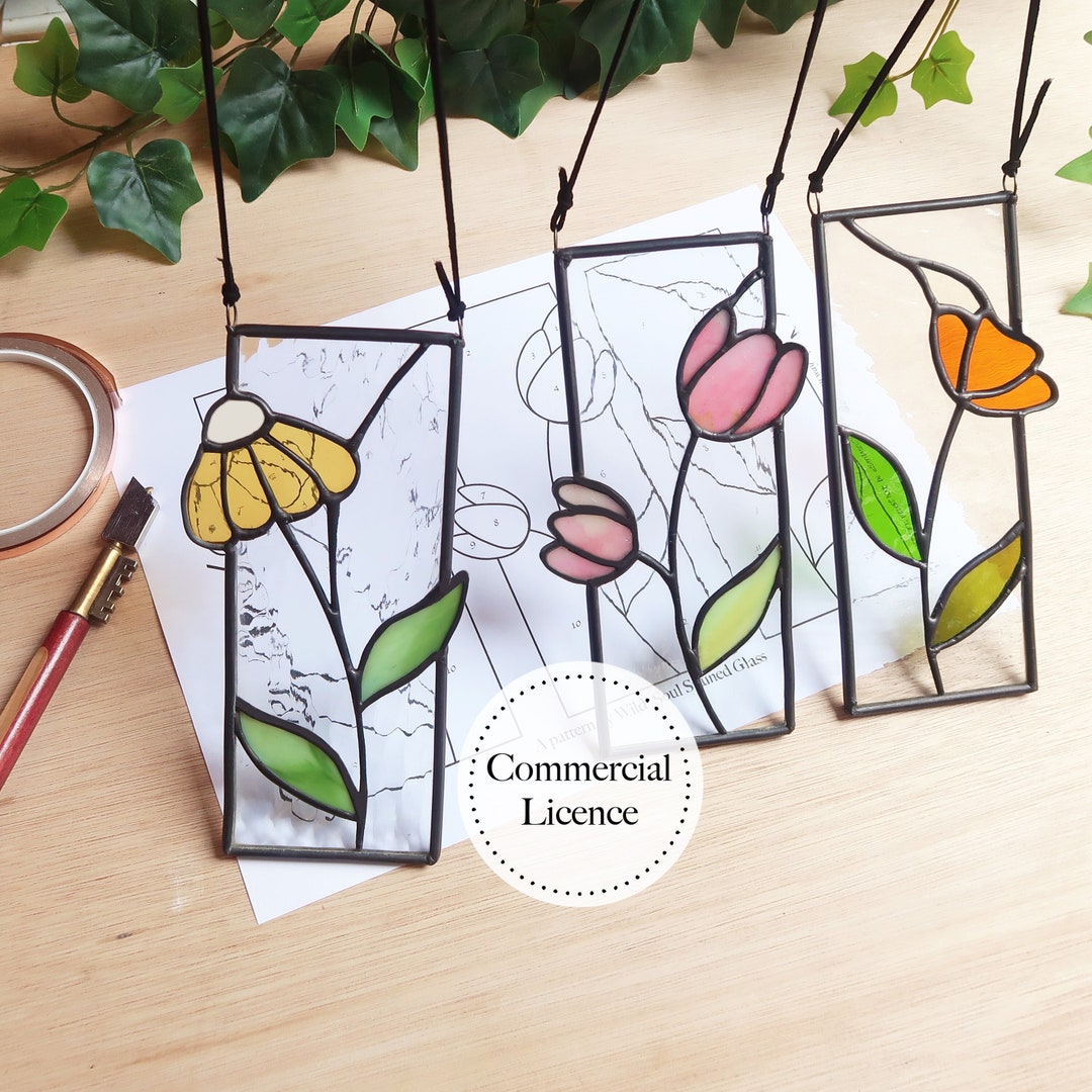 3 Flower Panels Stained Glass Pattern, Stained Glass Patterns, Digital Download, DIY Stained ...