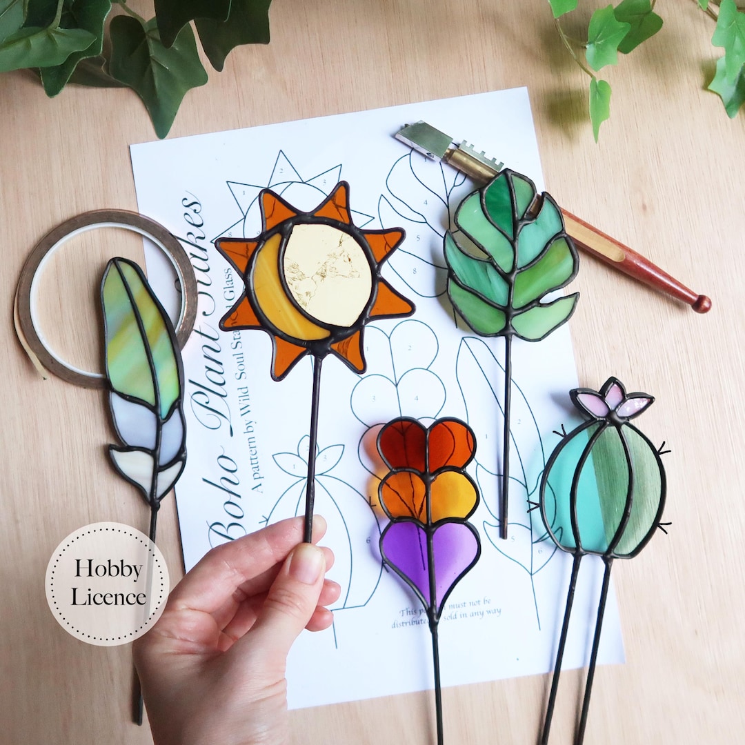 Boho Stained Glass Plant Stakes Pattern, Feather Pattern, Monstera ...