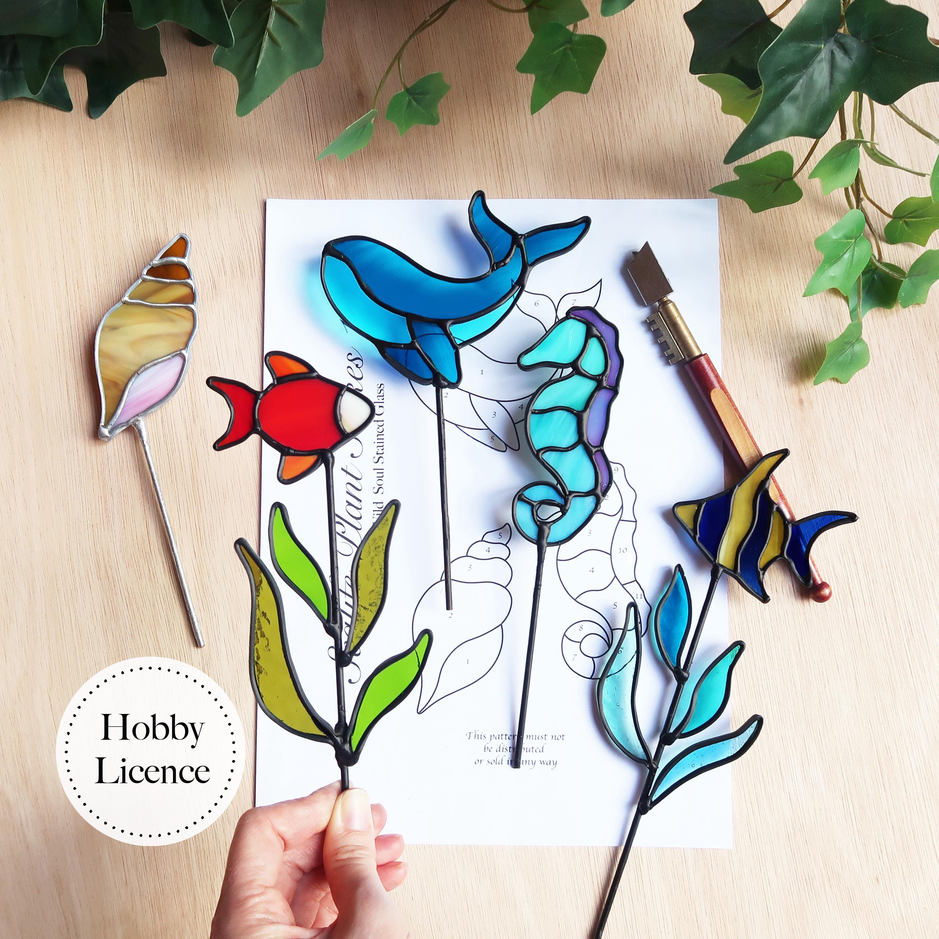 Sea Animals Stained Glass Plant Stakes Pattern, Whale Pattern, Seahorse ...