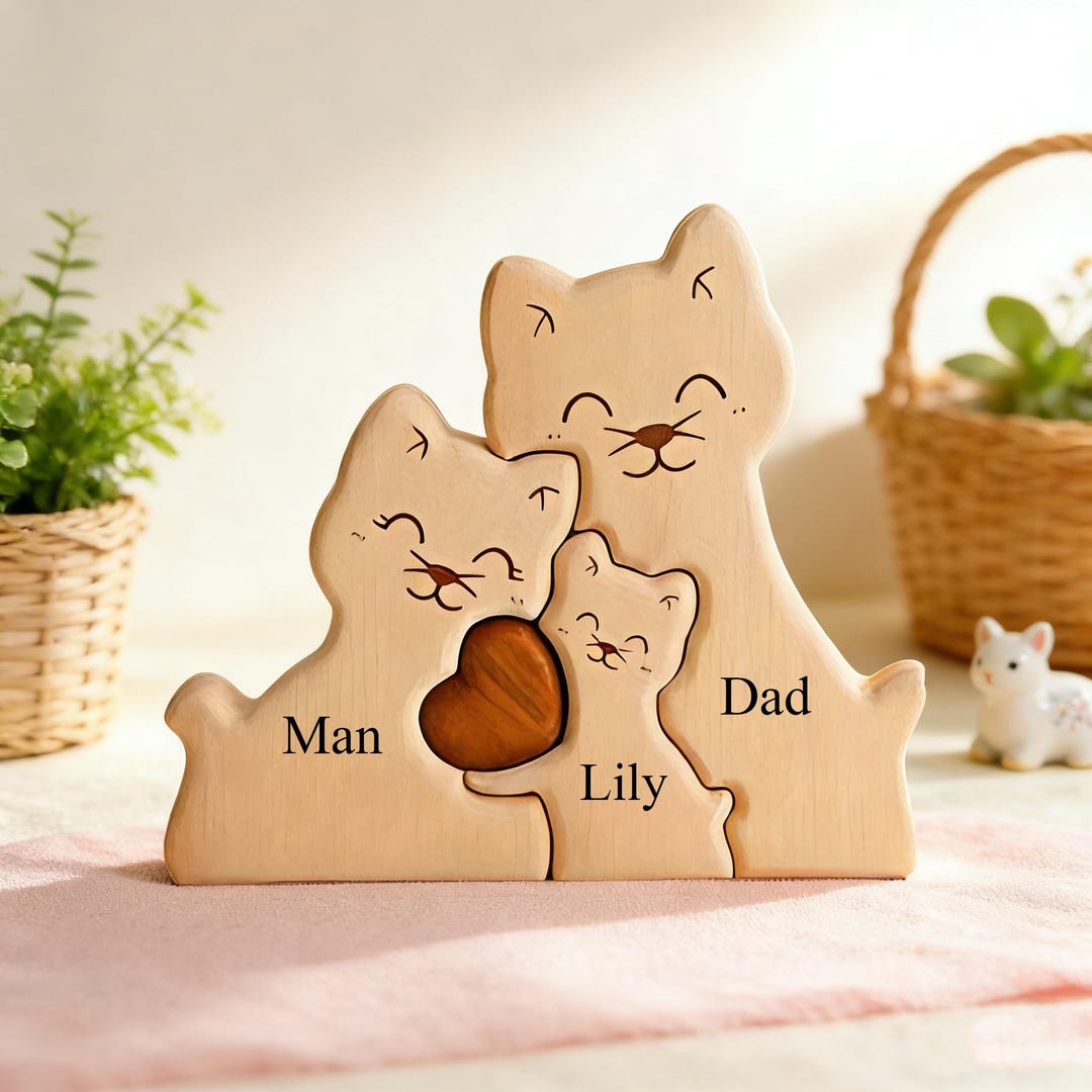 Custom Cat Family Puzzle, Personalized Cat Set, Wooden Family Keepsake ...