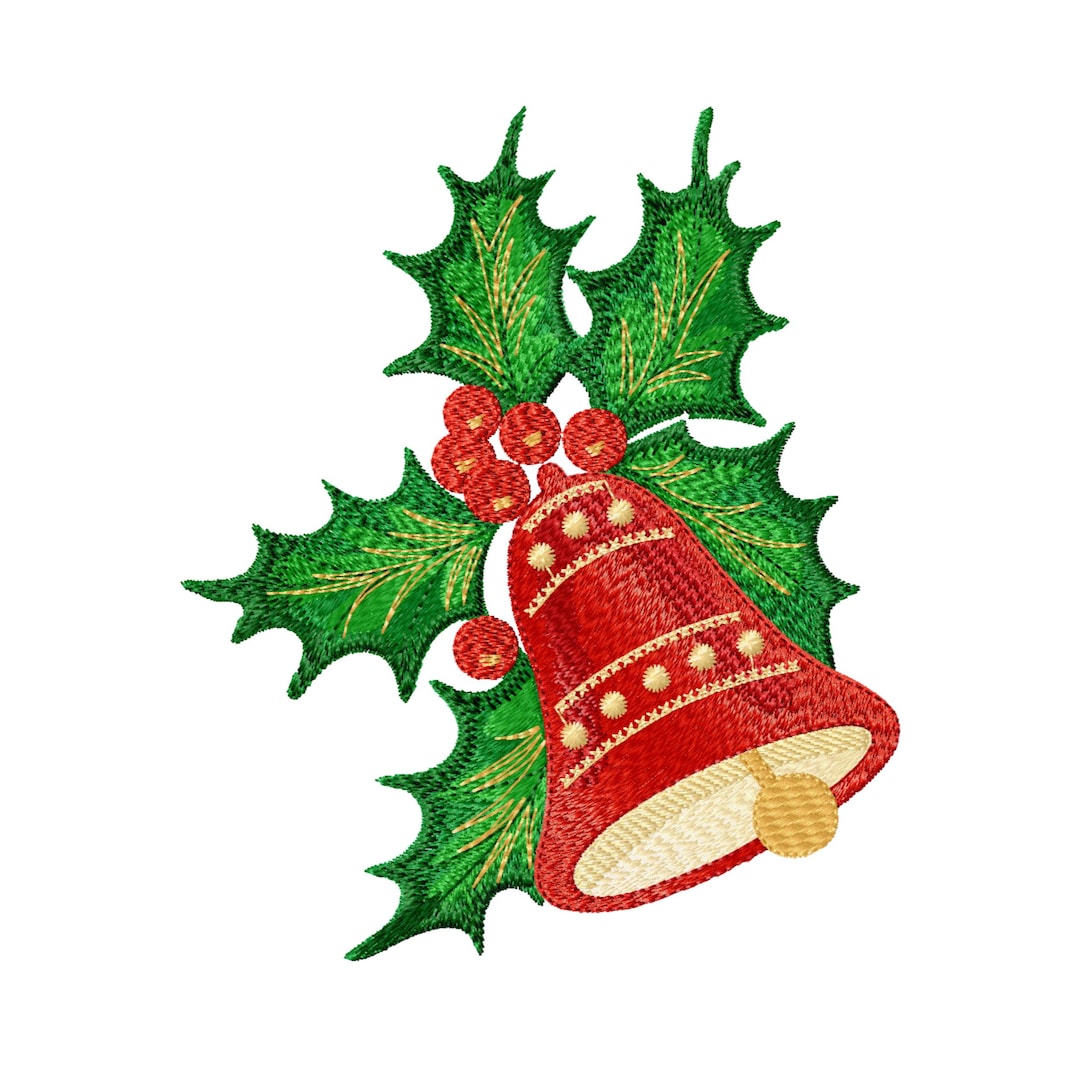 Christmas Holly Berry Embroidery Design With Red Bell in Multiple Sizes ...