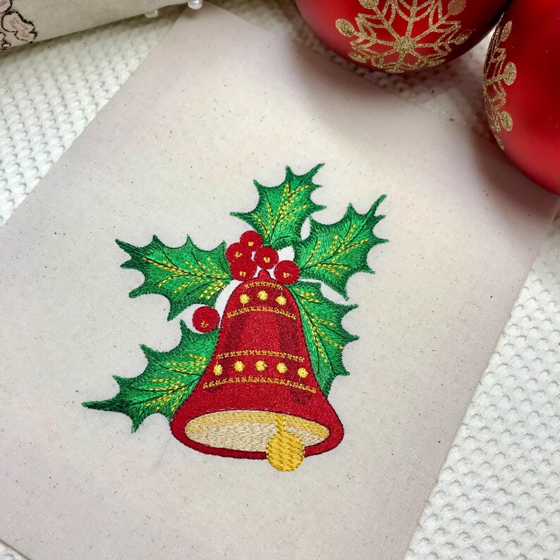 Festive Christmas Bell Embroidery Design: Digital Holly Berry Pattern ...