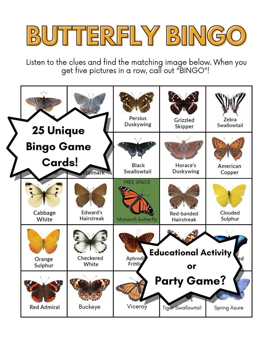 Butterfly Bingo Printable Game Instant Download With 25 Unique Playing ...