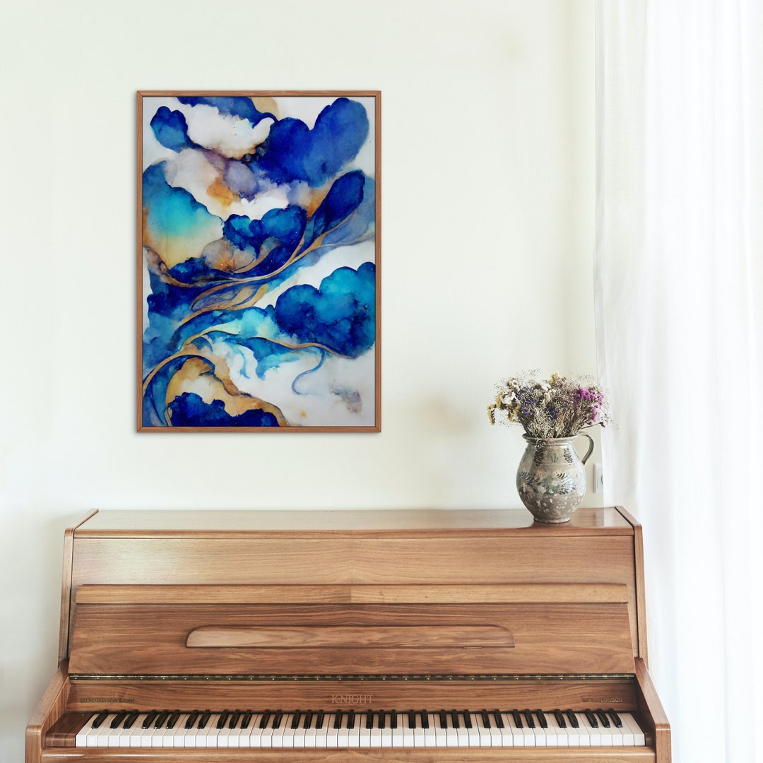Modern Abstract Navy Blue Wavey Clouds Printable Wall Art - Digital ...