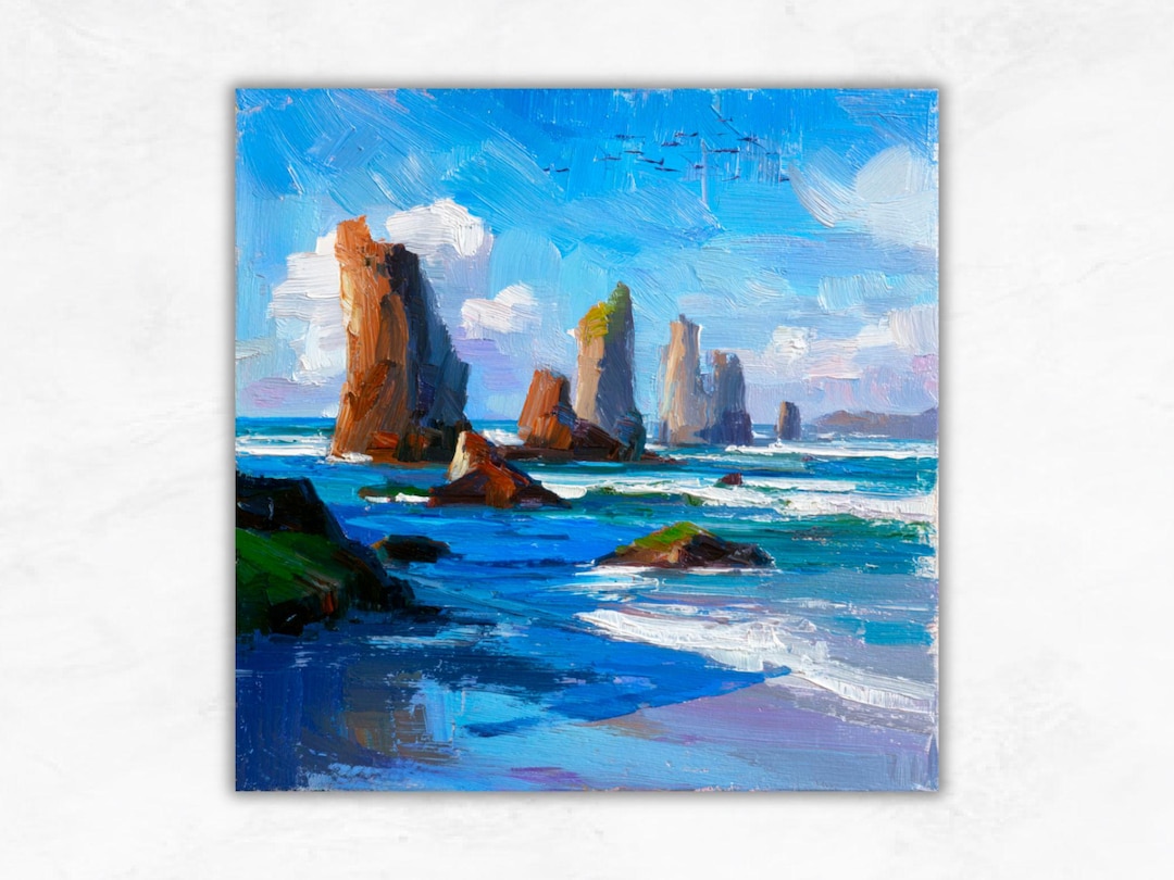 Oregon Coast Oil Painting: Seascape Canvas Art, Beach Cliff Landscape ...