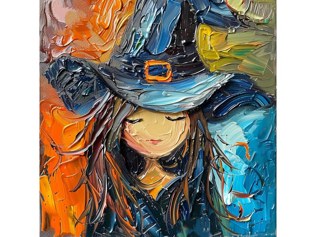 Halloween Witch Painting on Canvas Girl Portrait Naive Style Canvas Art ...