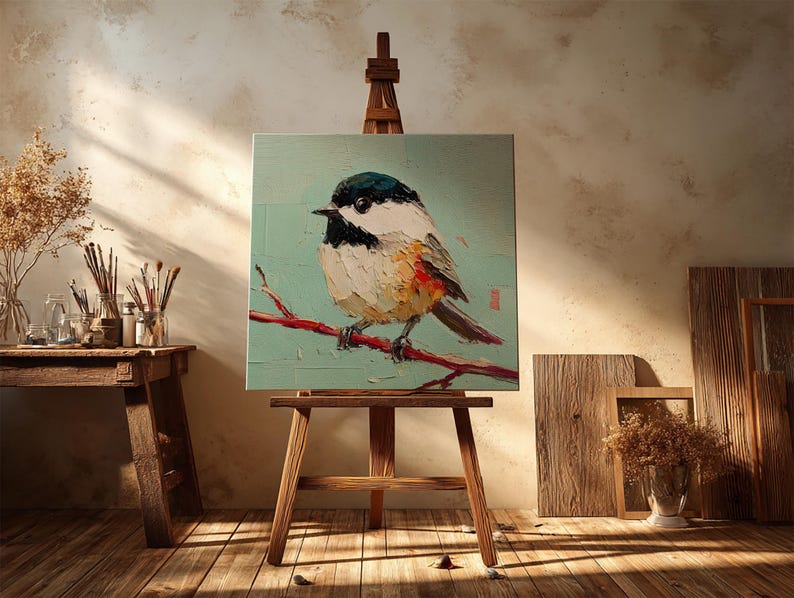 Chickadee Impasto Canvas Oil Painting Textured Palette Knife Bird ...