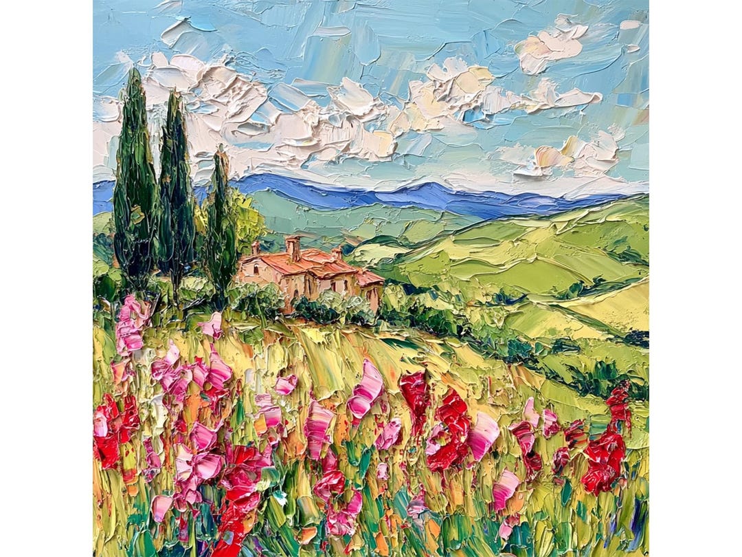 Tuscany Painting on Canvas Wildflowers Fields Impasto Original Canvas ...
