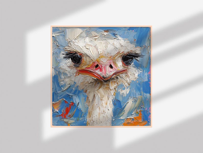 Ostrich Oil Painting: Colorful Impasto Animal Portrait, Textured Canvas ...