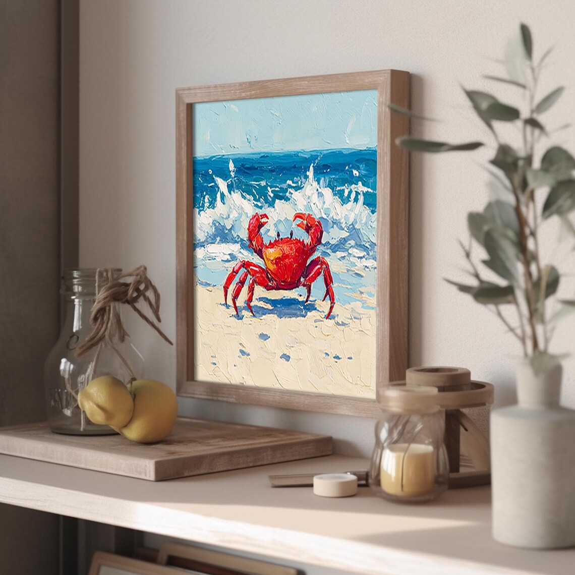 Red Crab Oil Painting Textured Coastal Seascape Art Animals Artwork ...