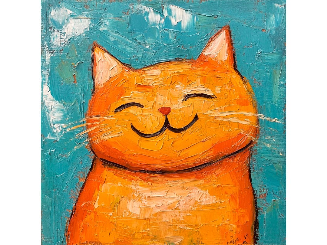 Smiling Cat Painting Playful Orange Cat Naive Art Pet Portrait Impasto ...