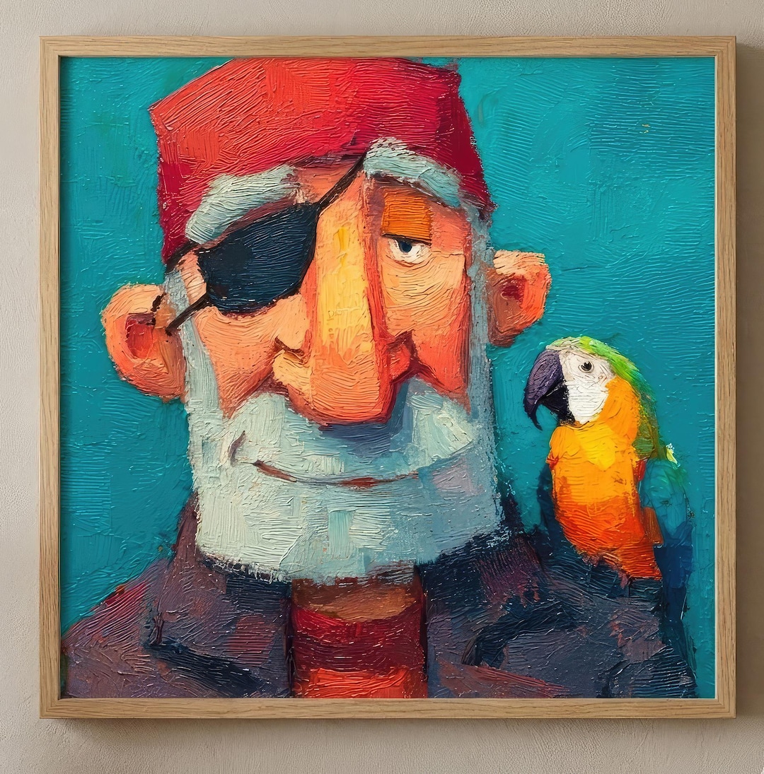 Pirate Oil Painting With Parrot Whimsical Portrait Wall Art Nautical ...