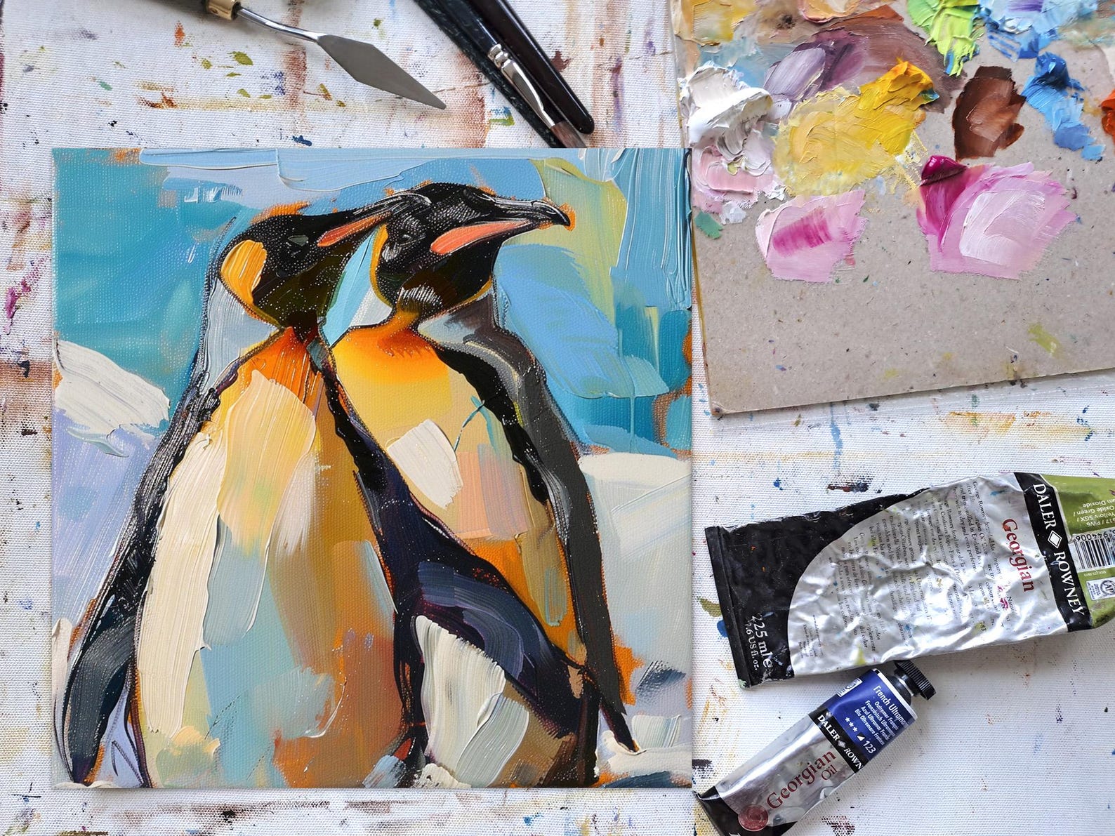 Emperor Penguin Painting on Canvas Couple Birds Original Art Polar ...