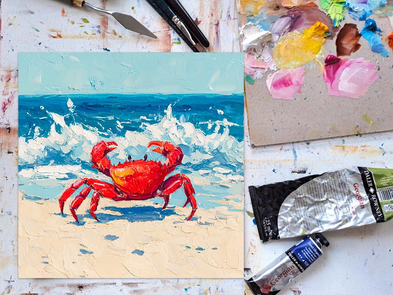 Red Crab Oil Painting Textured Coastal Seascape Art Animals Artwork ...
