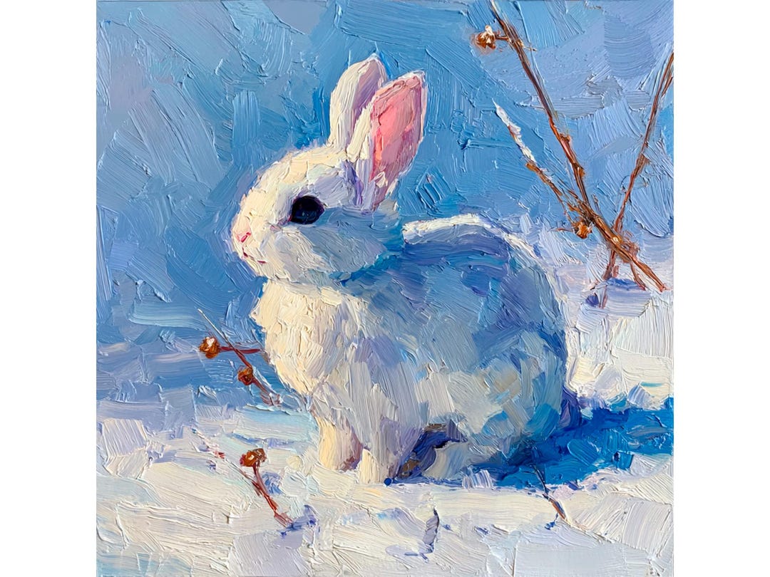 Winter Bunny Snowfield Oil Painting on Canvas Animal Artwork Nursery ...