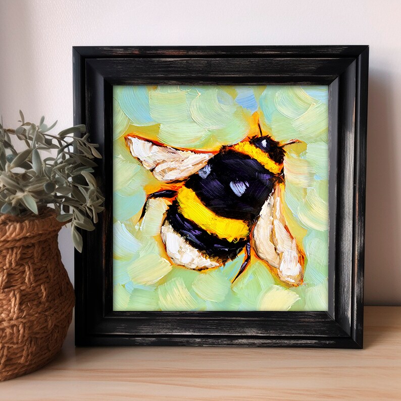 Bee Oil Painting: Original Honeybee Artwork, Insect Wall Decor (10x10 ...