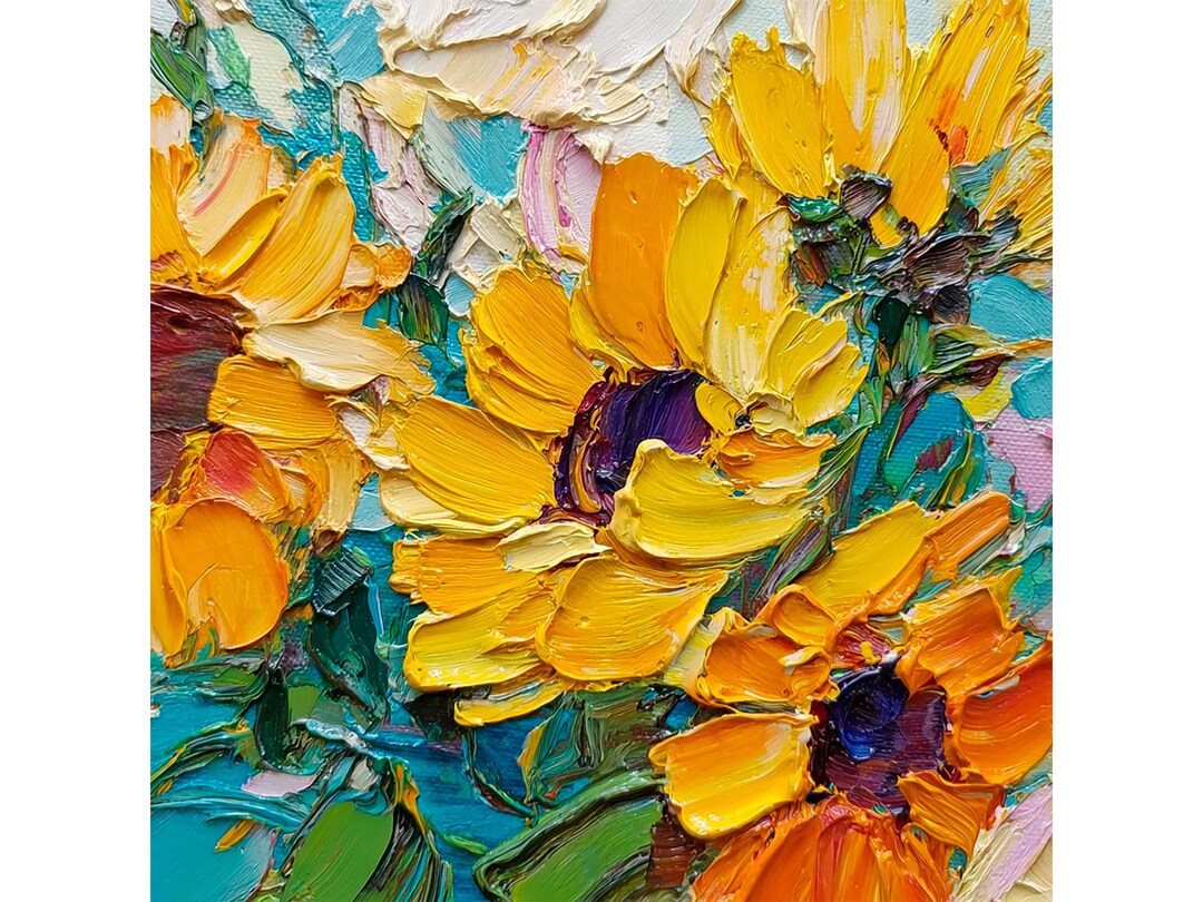 Sunflowers Oil Painting: Bright Impasto Floral Art, Yellow Flower ...