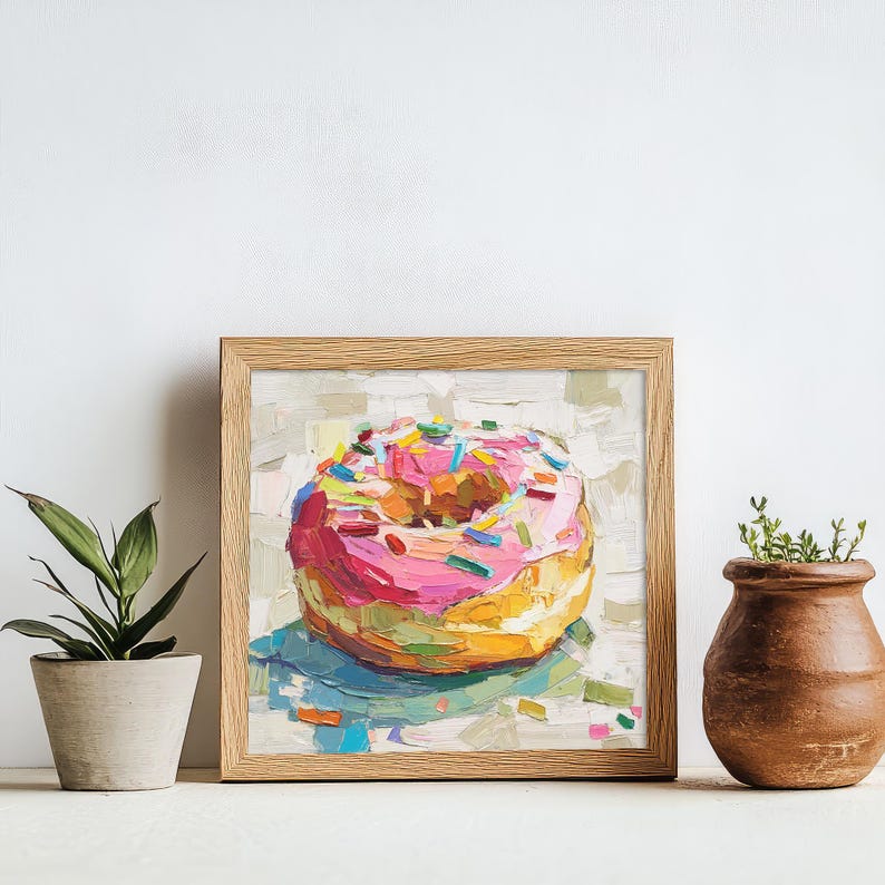 Donut Oil Painting: Colorful Dessert Art, Pink Frosting Decor - Etsy