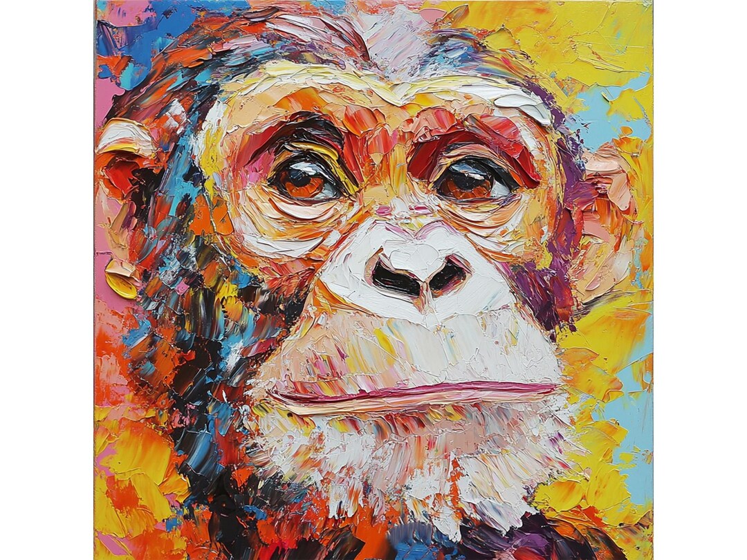 Chimpanzee Impasto Oil Painting on Canvas Abstract Wildlife Animal Wall ...