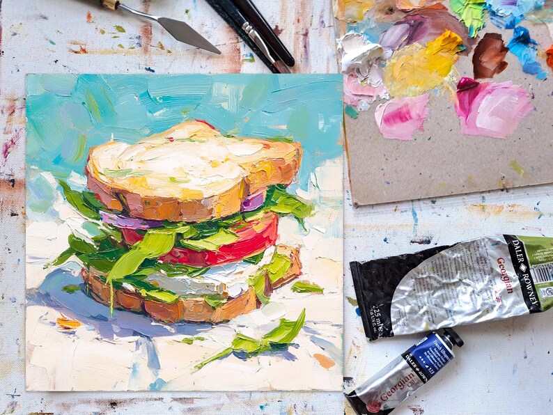 Sandwich Oil Painting Impasto Art Colorful Food Wall Decor Kitchen Art ...