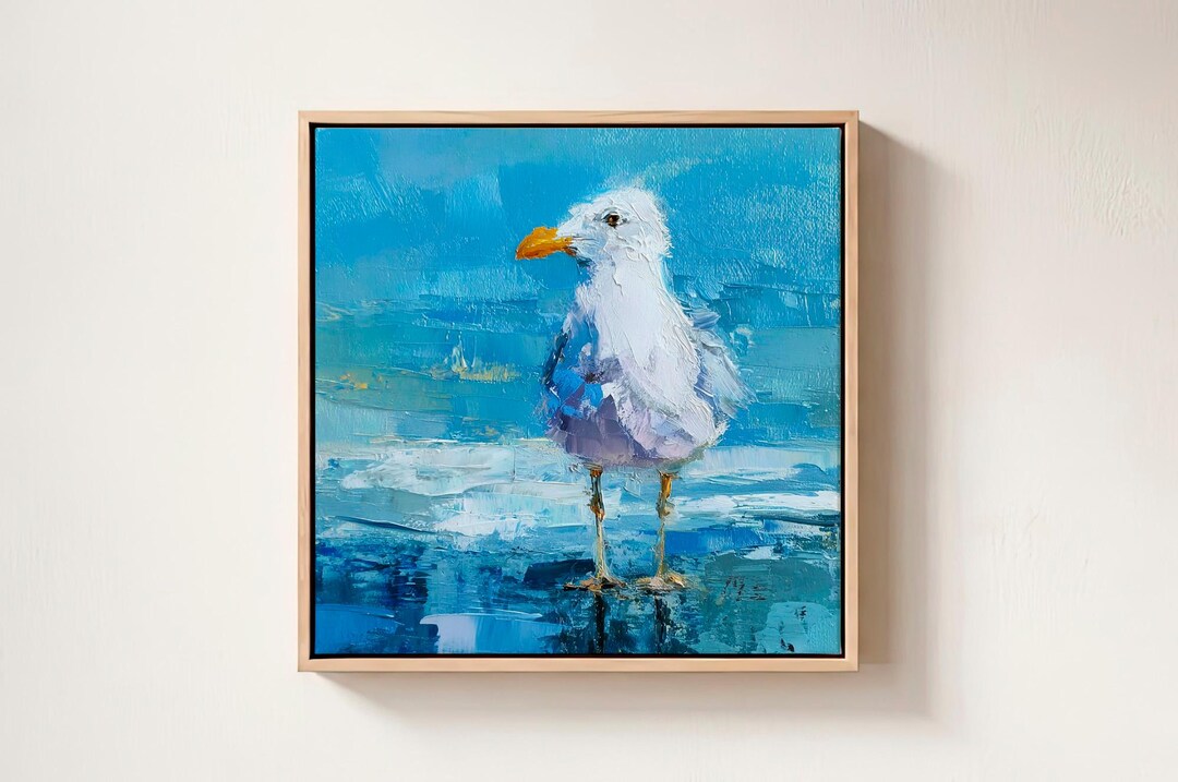 Seagull Oil Painting on Canvas Coastal Bird Wall Art Blue Ocean Seaside ...