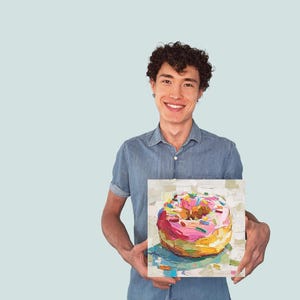 Donut Oil Painting on Canvas Colorful Dessert Art Pink Frosting Wall Decor Kitchen Artwork Food ...