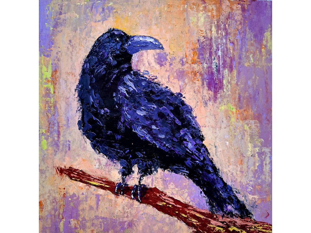 Raven Oil Painting Bird Original Art Animal Painting Crow Wall Art ...