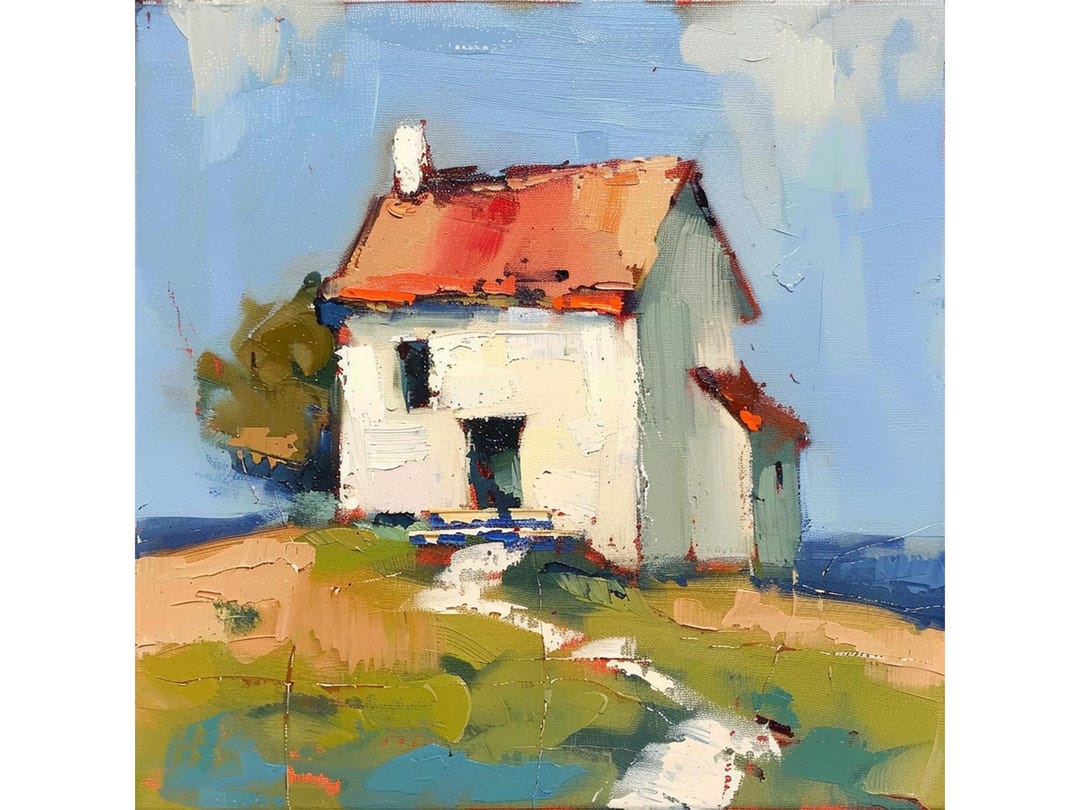 Red Roof Cottage Oil Painting on Canvas Rustic House Wall Art Decor ...