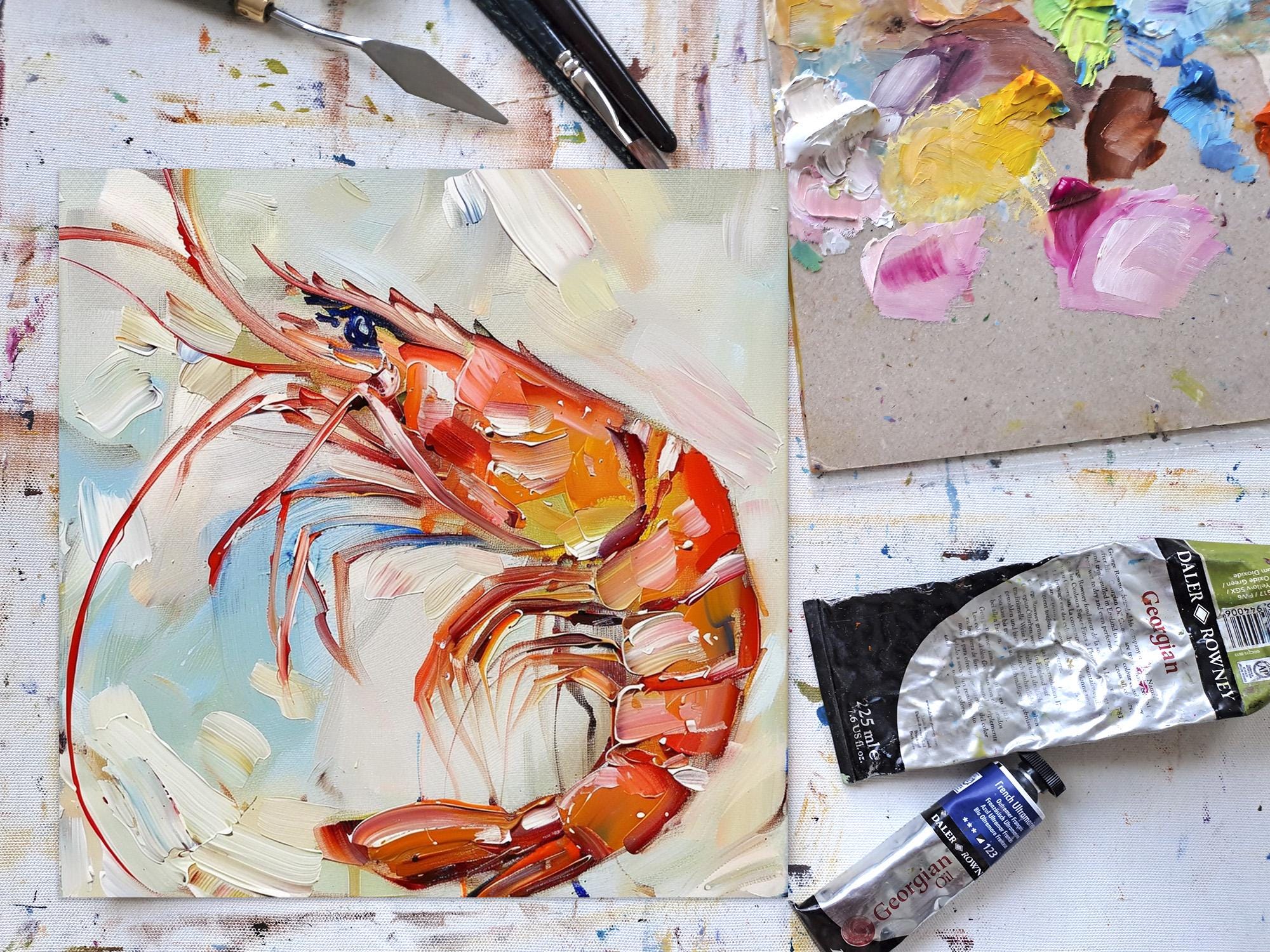 Shrimp Canvas Painting Fish Original Canvas Fine Art Animal Artwork ...