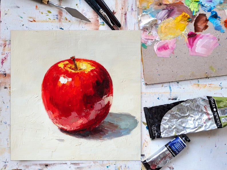 Red Apple Painting Still Life Kitchen Wall Art Realistic Fruit Oil ...